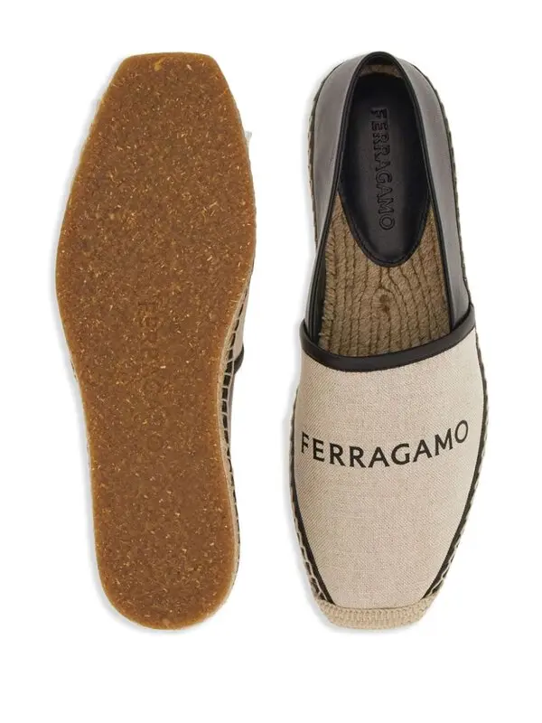 FERRAGAMO Logo Print Canvas And Lambskin Flat Espadrilles