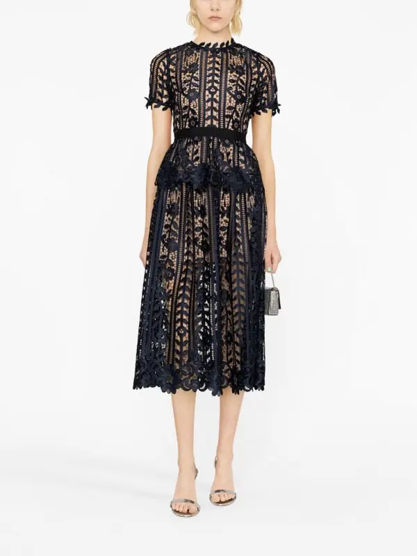 self portrait lace a line dress self-portrait Linen Lace Insert Midi Dress in White main image 1