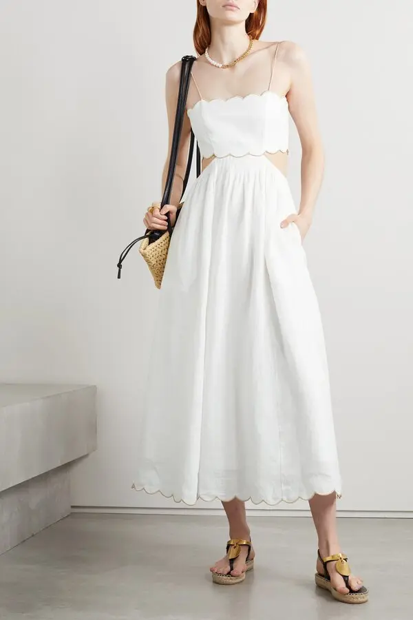 zimmermann devi floral cutout linen midi dress Zimmermann Devi Shell-Embellished Cutout Scalloped Linen Midi Dress In  Ivory - 30% Off