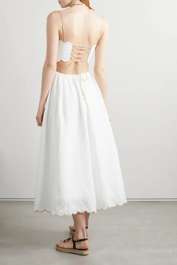Zimmermann Devi Shell-Embellished Cutout Scalloped Linen Midi Dress In  Ivory - 30% Off | Editorialist
