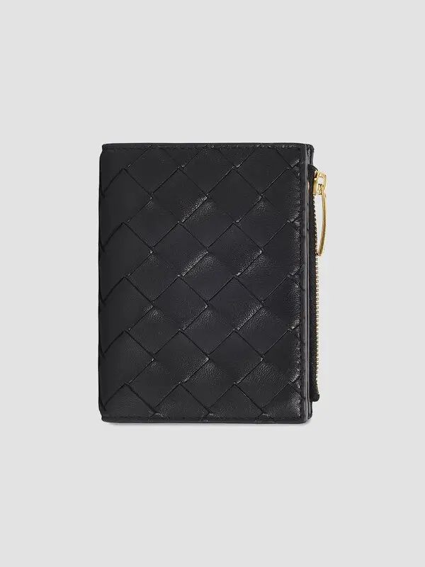 Bottega Veneta Intrecciato Leather Bifold Wallet - Black Gold