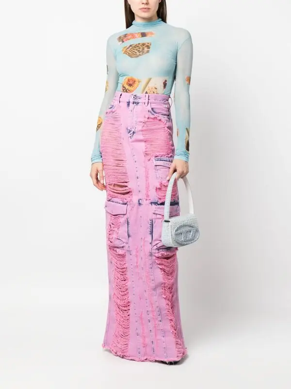 Gcds Frayed Denim Cargo Maxi Skirt