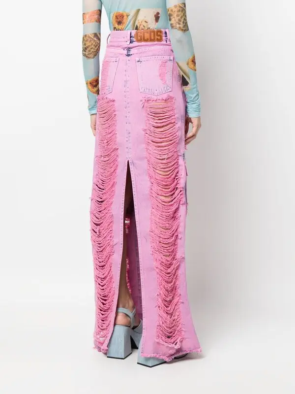 Gcds Frayed Denim Cargo Maxi Skirt