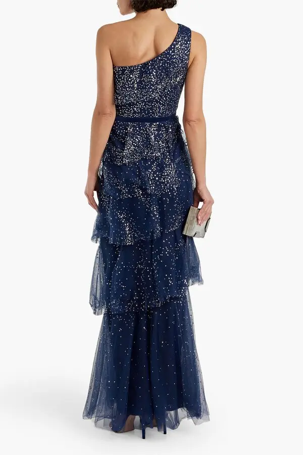 Marchesa One-Shoulder Tiered Gown In Navy - 48% Off | Editorialist
