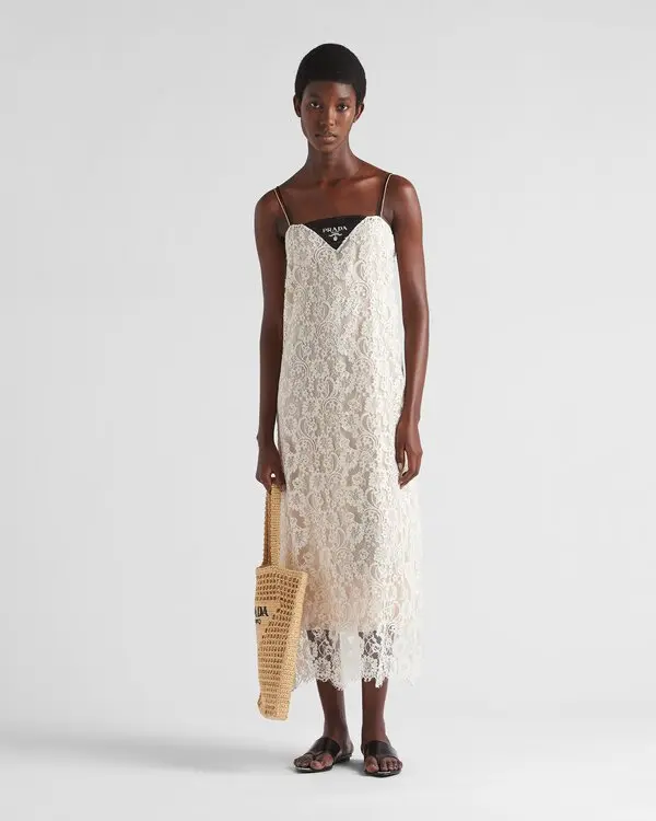 Prada Embroidered Lace Midi Dress - Natural | Editorialist