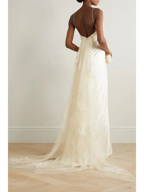 Danielle Frankel Scarlet Lace-Trimmed Pleated Gown - Cream | Editorialist