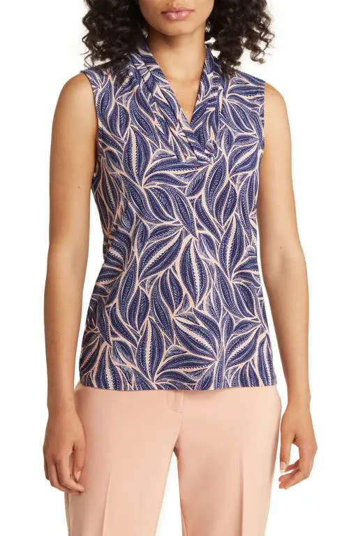Anne Klein Leaf Print Triple Pleat Sleeveless Top