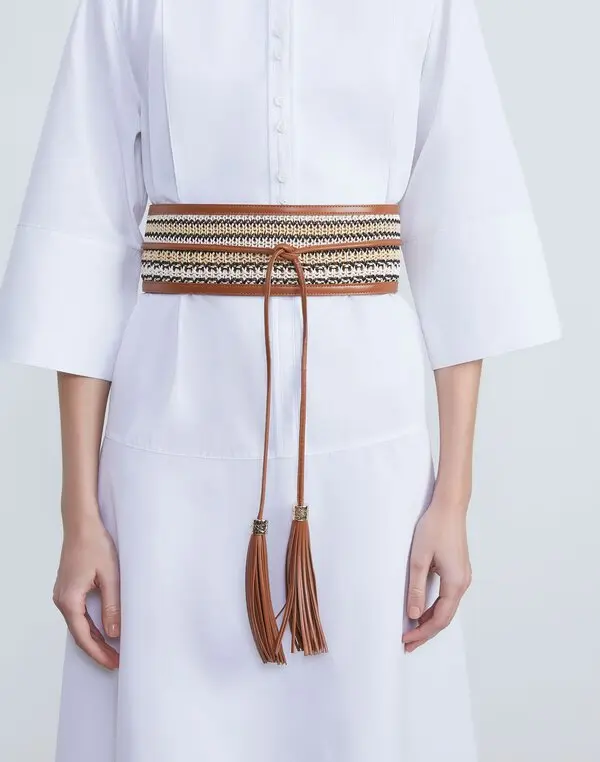 Lafayette 148 New York Stripe Raffia & Nappa Leather Tassel  display picture 3