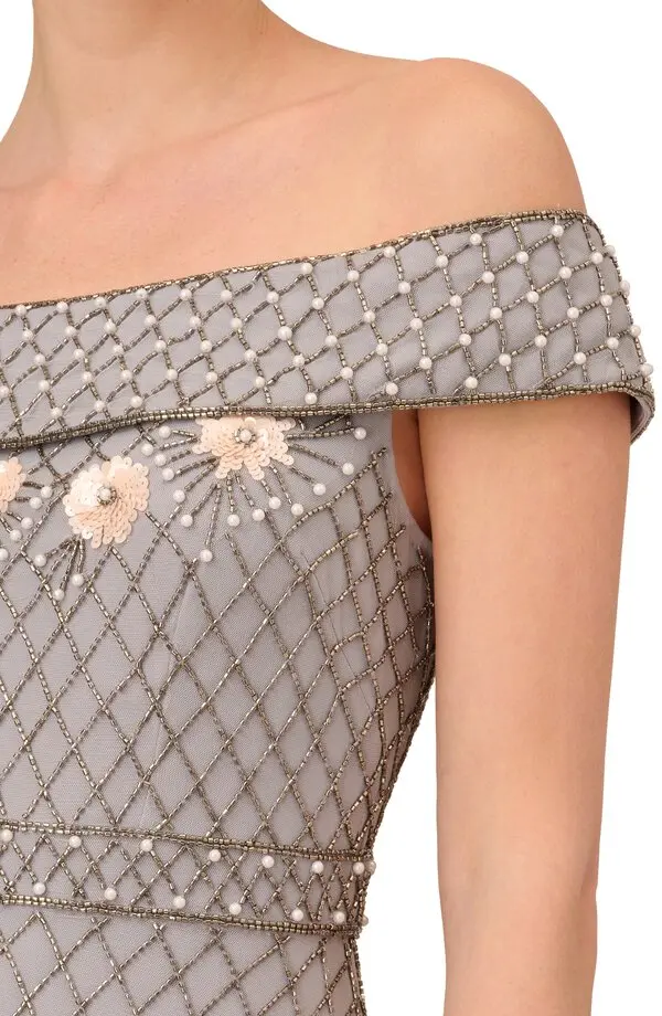 adrianna papell beaded off the shoulder dress Adrianna Papell Women's Beaded Column Off-The-Shoulder Dress - Ivory/Nude main image 0