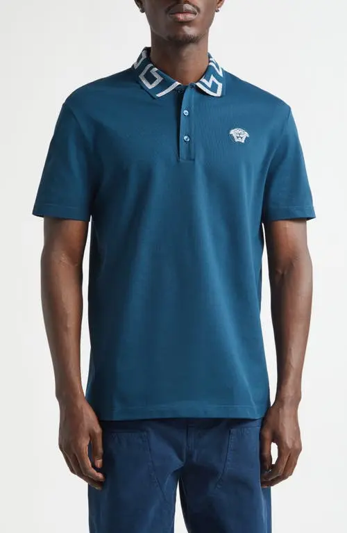 Versace Metallic Greca Collar Piqué Polo - Petrol Blue