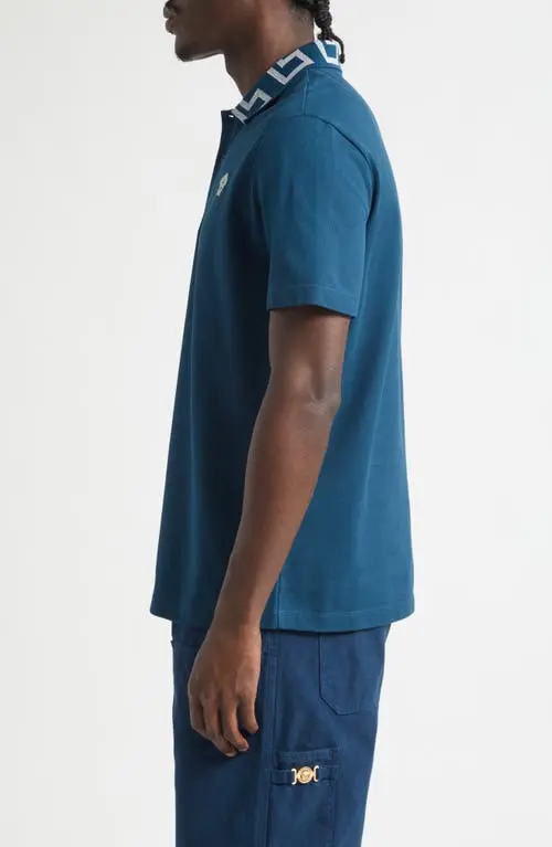 Versace Metallic Greca Collar Piqué Polo - Petrol Blue