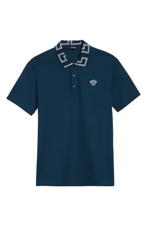 Versace Metallic Greca Collar Piqué Polo - Petrol Blue