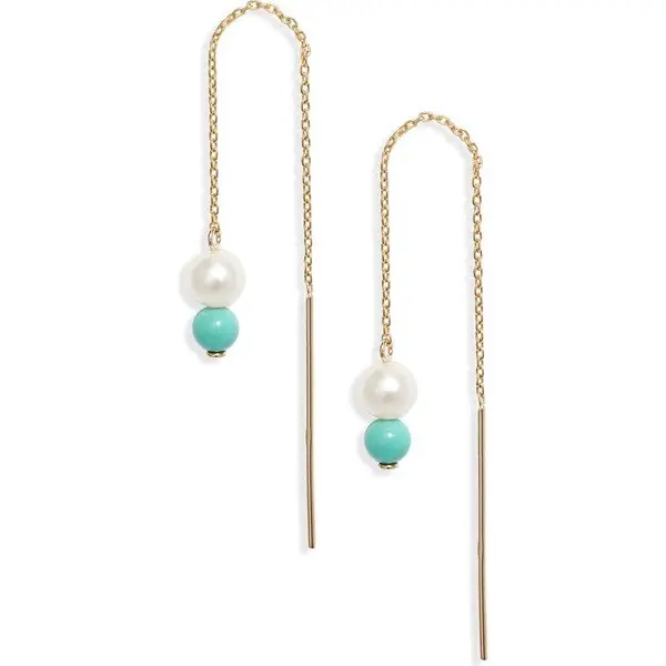 POPPY FINCH Petite Cultured Pearl And Turquoise Threader Earrings - 14kyg