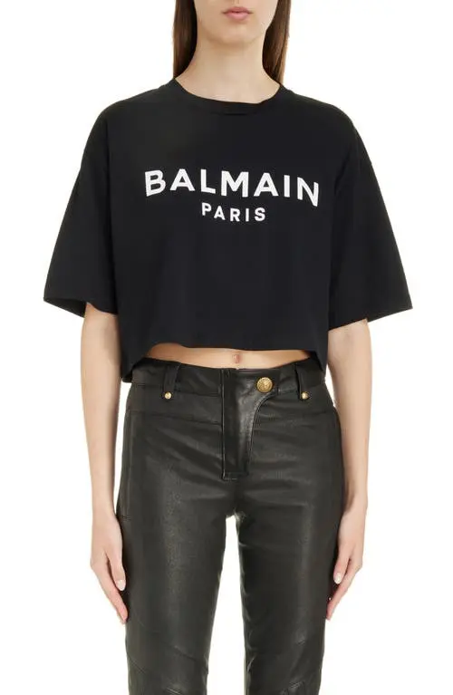 Balmain Logo Crop Cotton T-shirt - Eab Black/white