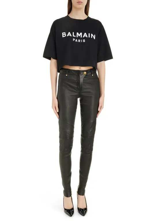 Balmain Logo Crop Cotton T-shirt - Eab Black/white