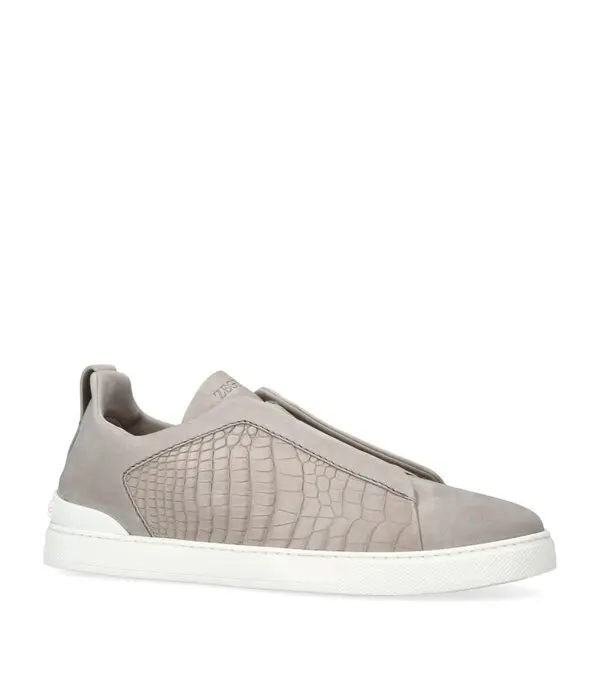 Zegna Crocodile Leather Triple Stitch Secondskin Sneakers - Grey
