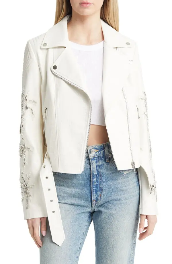 Azalea Wang Beaded Croc Embossed Faux Leather Moto Jacket - White