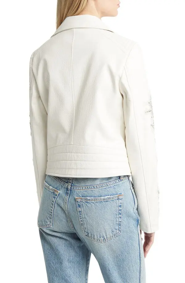 Azalea Wang Beaded Croc Embossed Faux Leather Moto Jacket - White