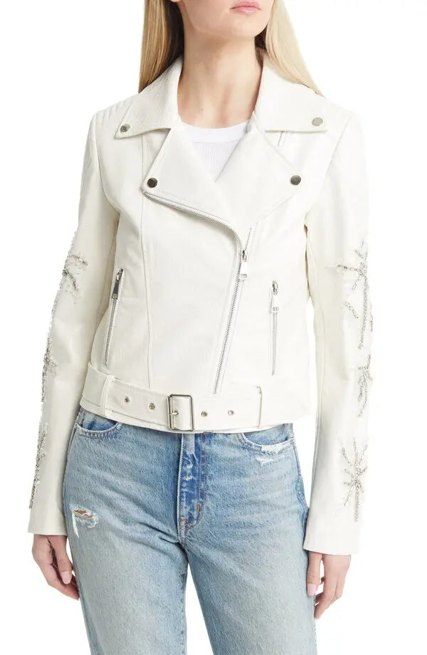 Azalea Wang Beaded Croc Embossed Faux Leather Moto Jacket - White