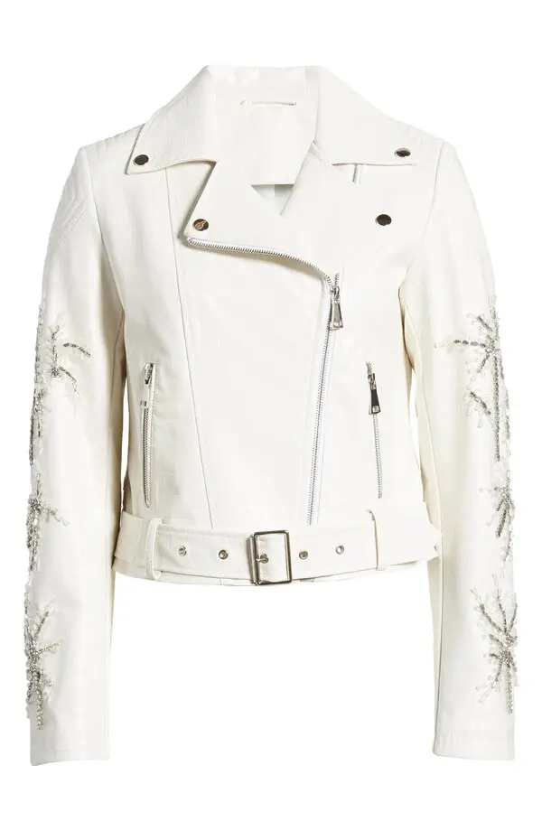 Azalea Wang Beaded Croc Embossed Faux Leather Moto Jacket - White