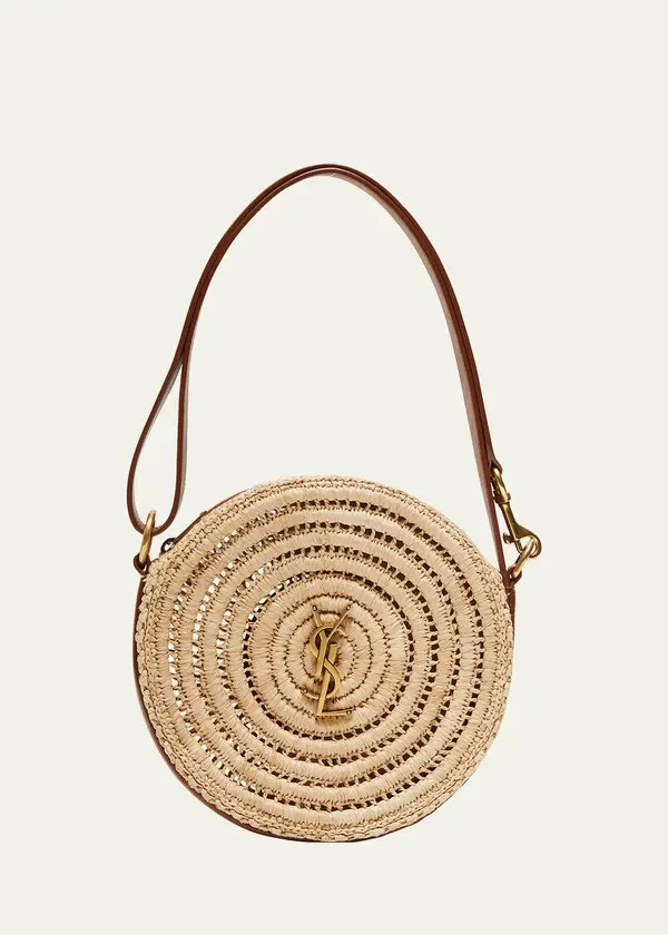 Saint Laurent Monogram Raffia Round Shoulder Bag Naturel Brick