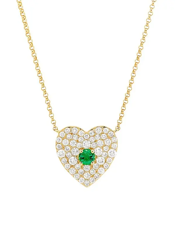 Saks Fifth Avenue Collection 14k 0.05 Tcw Diamond & Emerald Heart Pendant Necklace - Yellow Gold