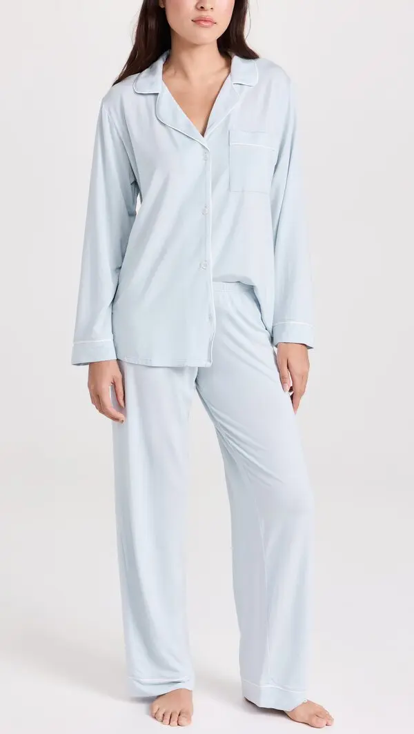 Eberjey Gisele Modal Long Pajama Set - Ice Blue/ Ivory