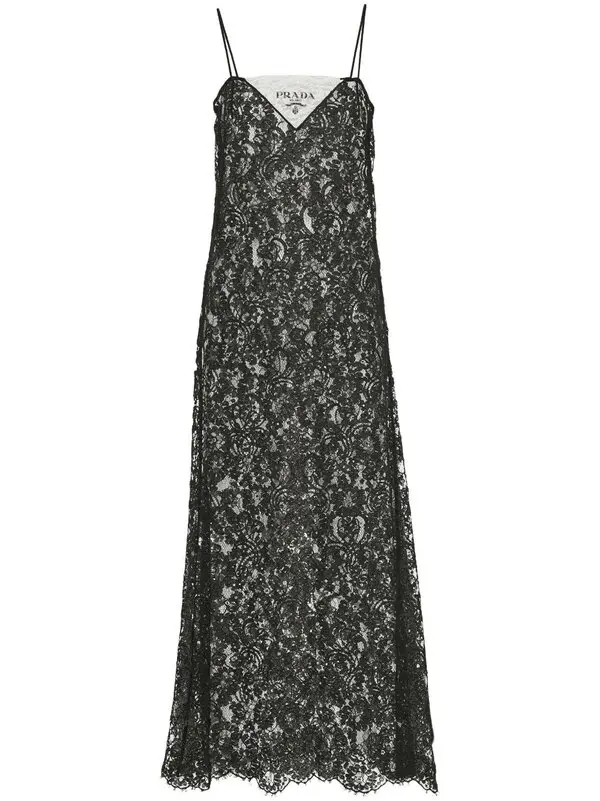 Prada Floral-Embroidered Lace Midi Dress - Black | Editorialist