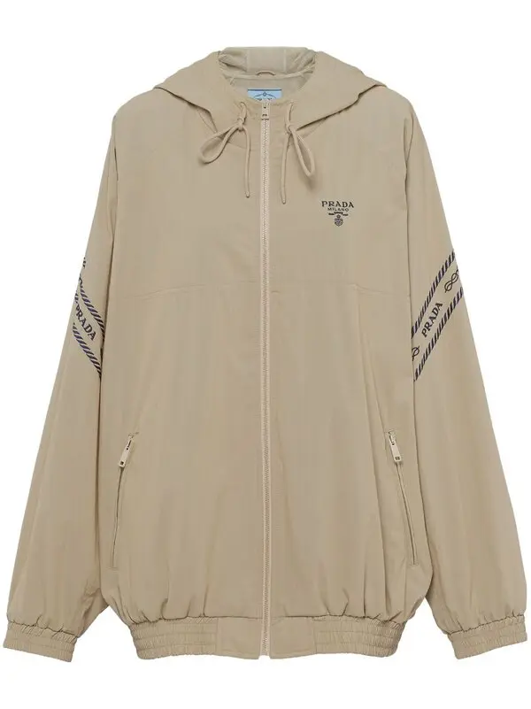Prada Logo-embroidered Hooded Jacket - Neutrals