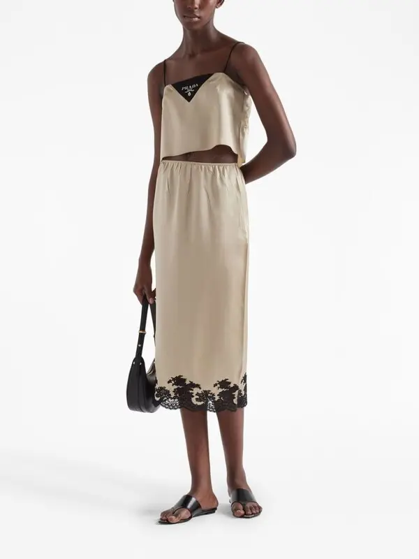 Prada Lace-trimmed Satin Midi Skirt
