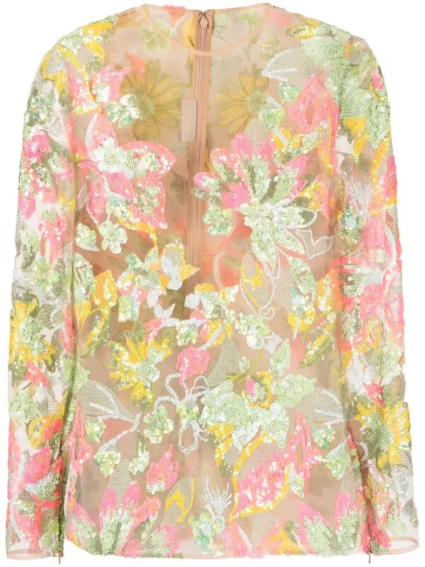 Elie Saab Sequin-embellished Floral-print Blouse - Neutrals