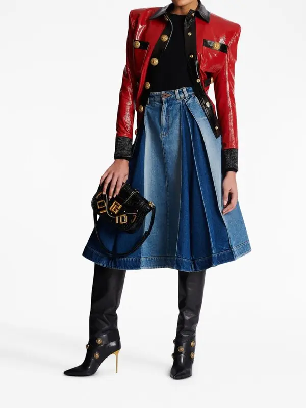 Balmain Pleated Denim Midi Skirt