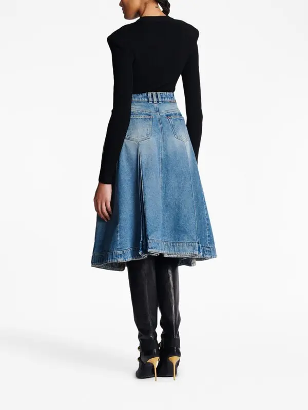 Balmain Pleated Denim Midi Skirt