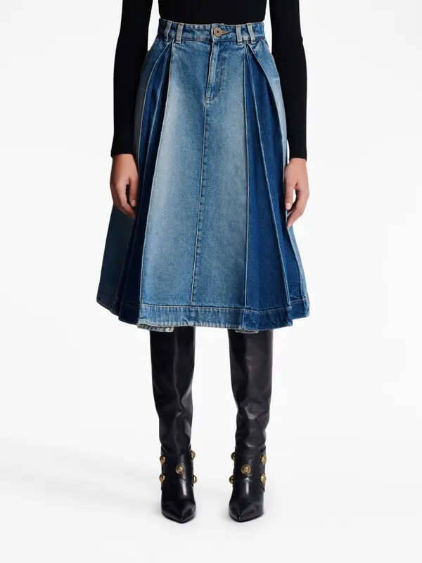 Balmain Pleated Denim Midi Skirt