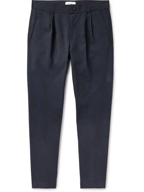 Mr P. Tapered Pleated Garment-dyed Cotton-twill Trousers - Blue