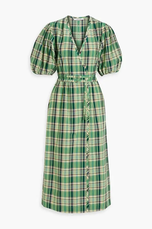 green check midi dress Green Check Midi Dress Gingham Tie Waist Collared main image 0