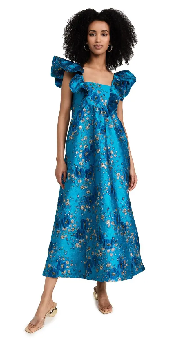 ganni blue floral beaded dress Buy 3d Jacquard Ruffle Midi - Brilliant At 49% Off WHITE HOLIDAY DRESSES TO WEAR IN CARIBBEAN classic collar A.L.C. Bianca Strapless Pleated Girl dress:0-3 months
