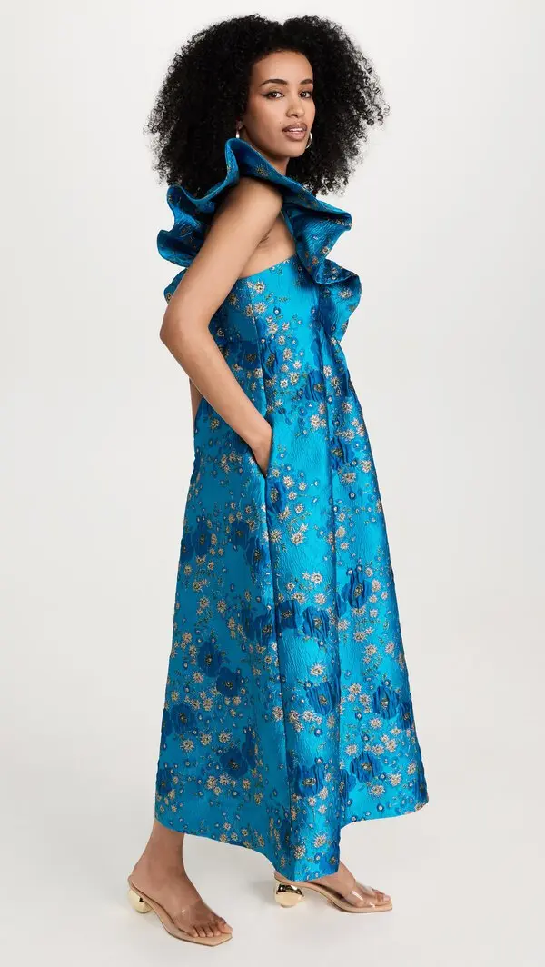 Ganni 3d Jacquard Ruffle Midi Dress In Brilliant Blue - 40% Off |  Editorialist