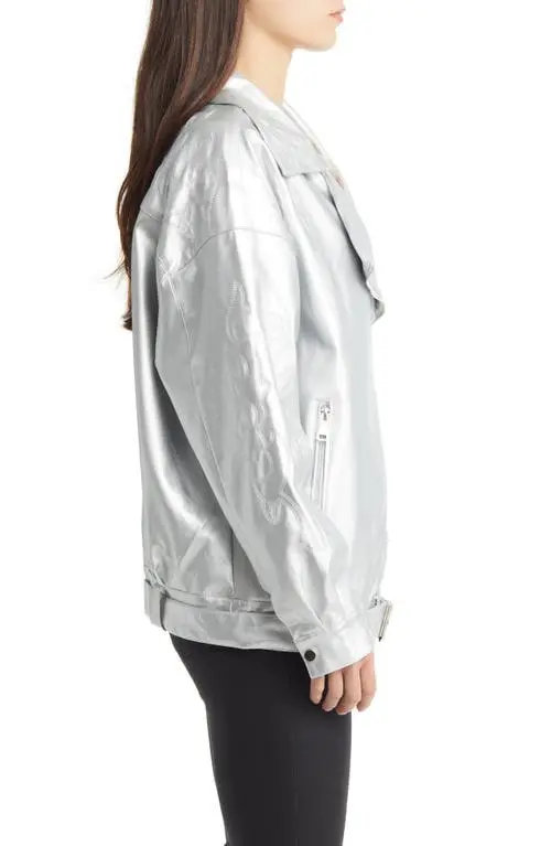 AZALEA WANG Metallic Faux Leather Moto Jacket