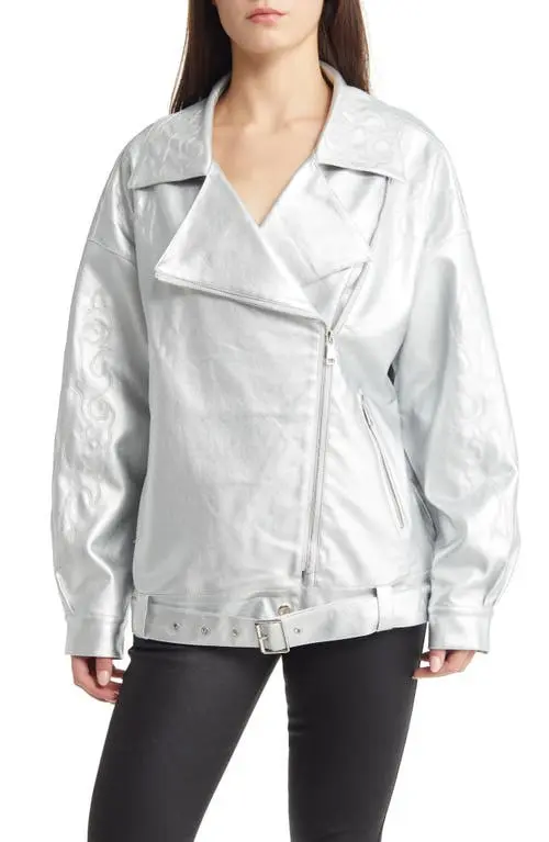 AZALEA WANG Metallic Faux Leather Moto Jacket