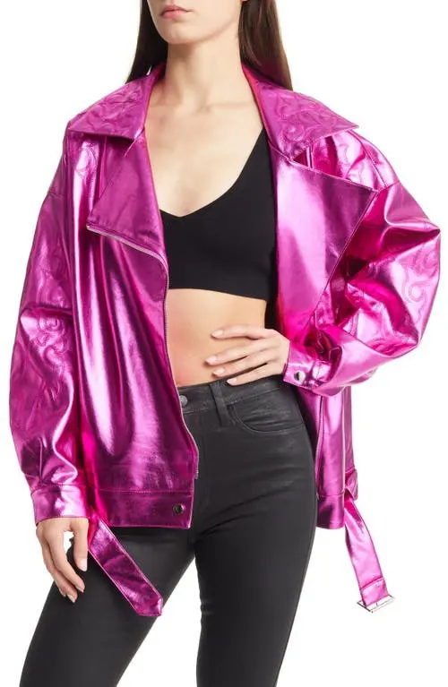 AZALEA WANG Metallic Faux Leather Moto Jacket - Fuchsia