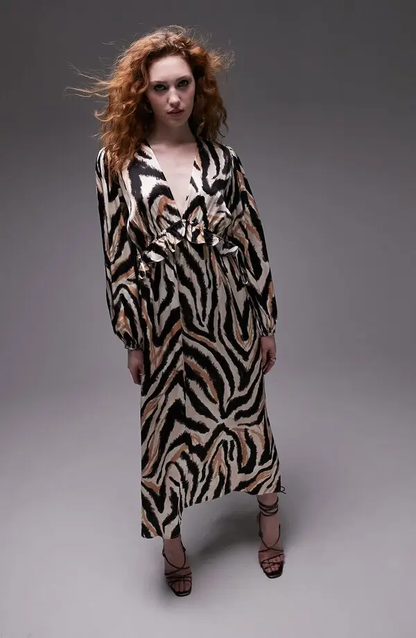 long sleeve midi dress topshop Topshop shirred long sleeve midi dress in blue vintage check