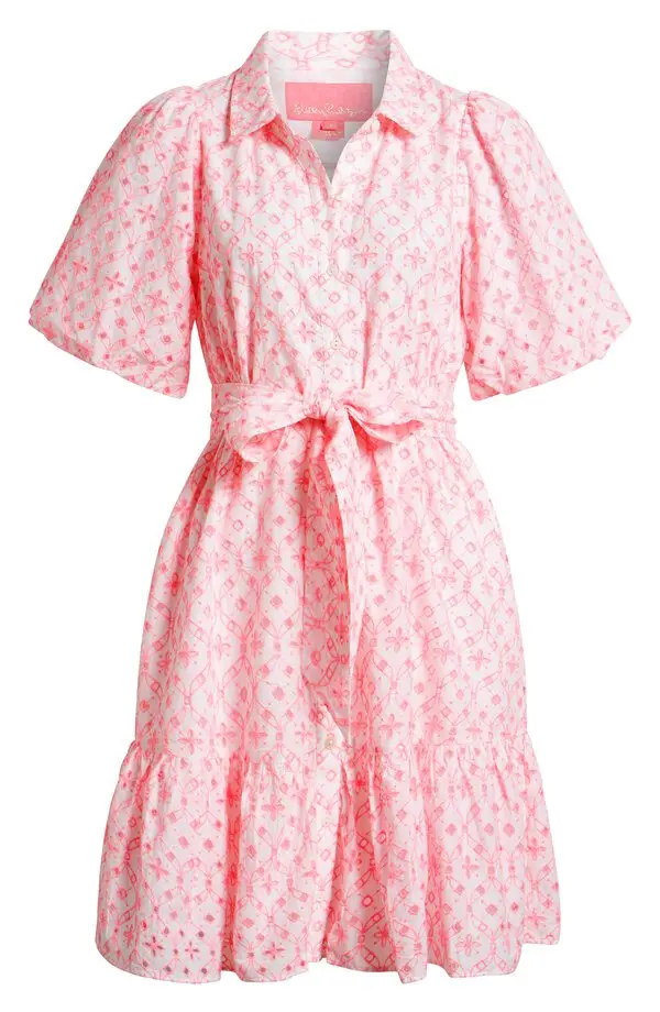 open lace back dress Lilly Pulitzer Lillyanne Flutter Sleeve Dress Aura Pink Days Bloom Eyelet 2  at Amazon Women's Clothing store