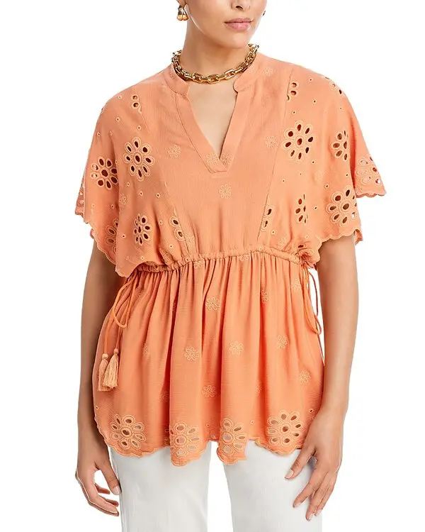 T Tahari Split Neck Eyelet Blouse