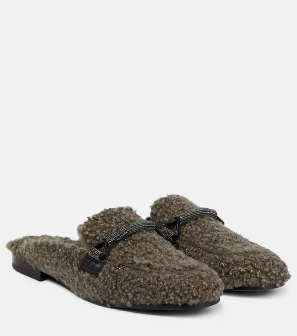Brunello Cucinelli Embellished Shearling Slippers - Brown