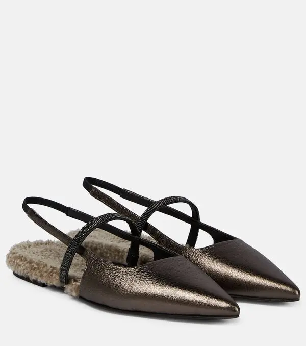 Brunello Cucinelli Embellished Leather Slingback Flats
