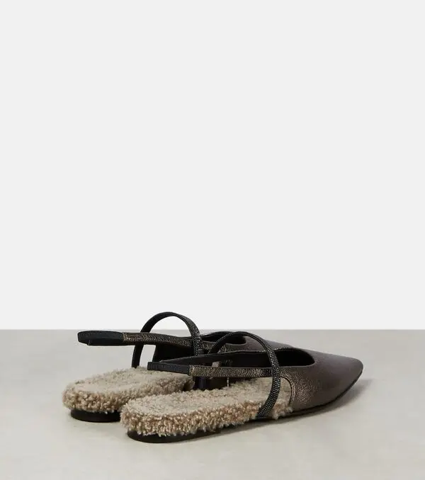 Brunello Cucinelli Embellished Leather Slingback Flats