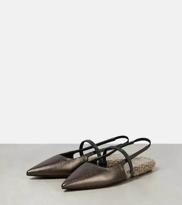 Brunello Cucinelli Embellished Leather Slingback Flats