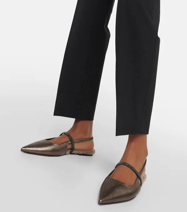Brunello Cucinelli Embellished Leather Slingback Flats