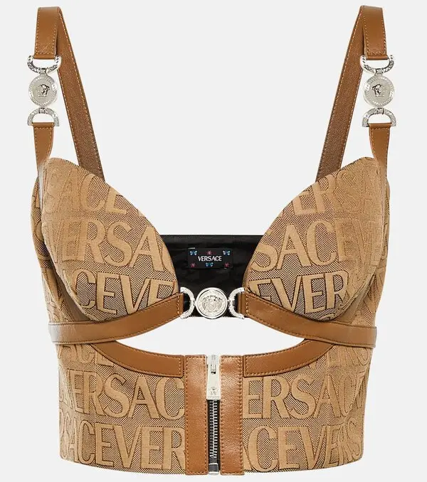Versace Allover Leather-trimmed Bustier - Beige